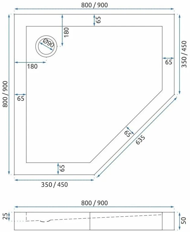 Rea Diamond, 5-úhelníkový sprchový kout 90x90, 6mm čiré sklo, zlatý matný profil + bílá sprchová vanička, KPL-K6506