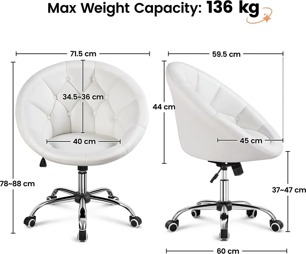 Kancelářská židle – bílá, 71,5 cm (šířka) × 59 cm (hloubka) × 78 cm – 88 cm (výška) (256597641100)