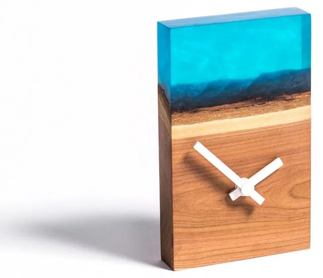 Stolní hodiny Epox block M, švestkové dřevo, modrá pryskyřice, bílé ručičky
