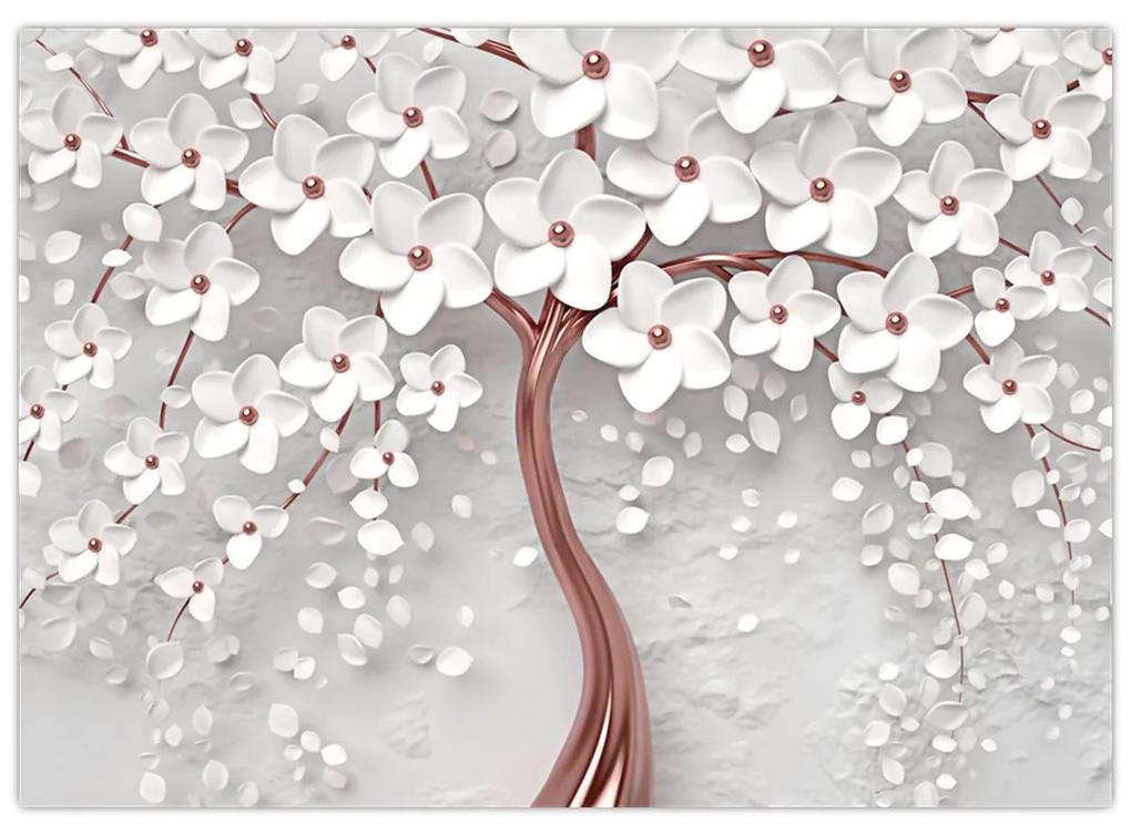 Skleněný obraz - Skleněný obraz bílého stromu s květinami, rosegold (70x50 cm)