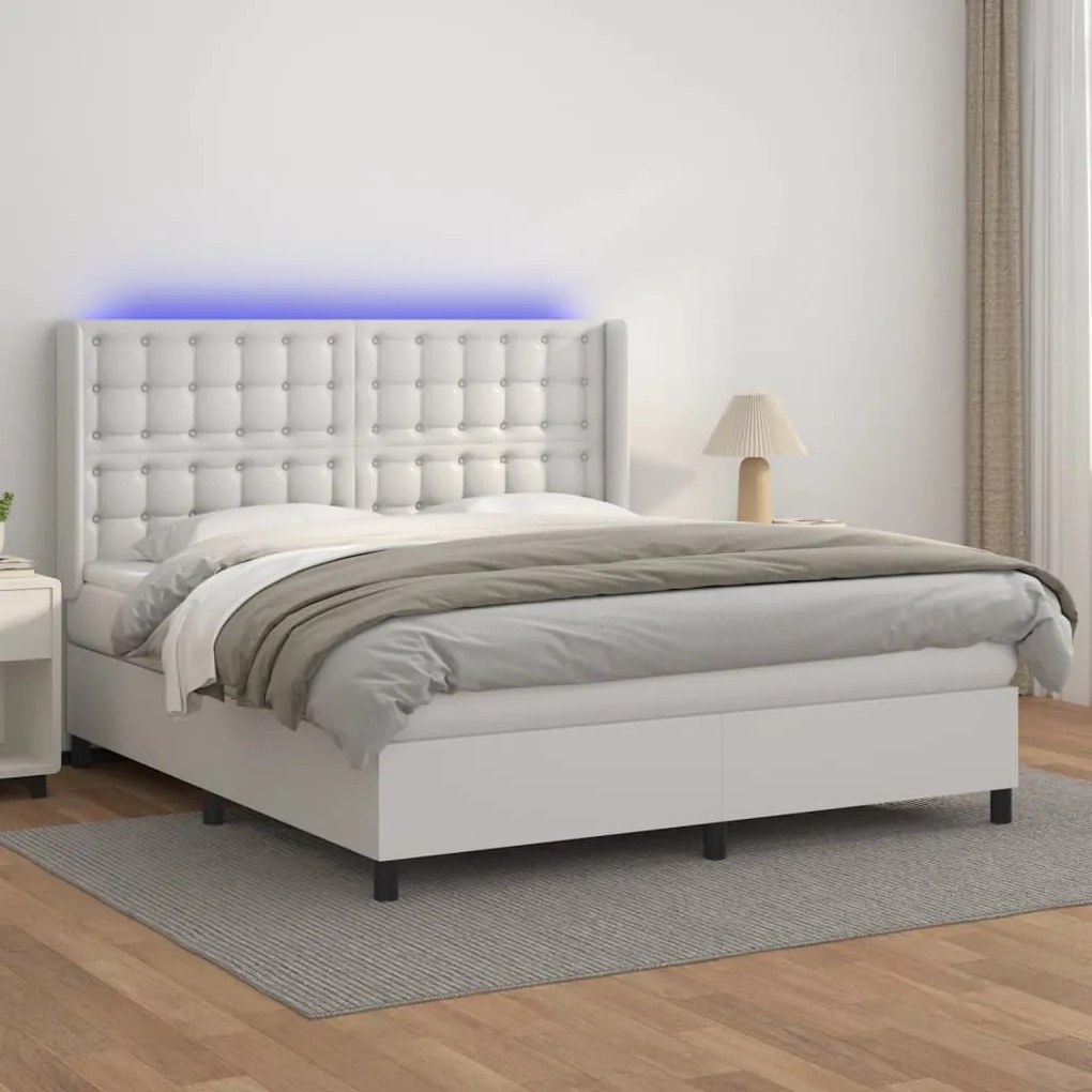 Box spring postel s matrací a LED bílá 160x200 cm umělá kůže