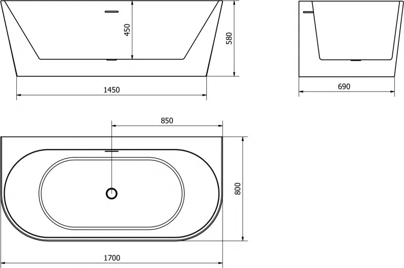 Mexen Oval+, volně stojící vana ke stěně 170 x 80 cm, bílá lesklá, chromový přepad, 52681708000-01