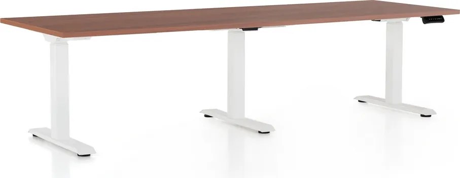 Výškově nastavitelný stůl OfficeTech Long, 240 x 80 cm, bílá podnož, ořech