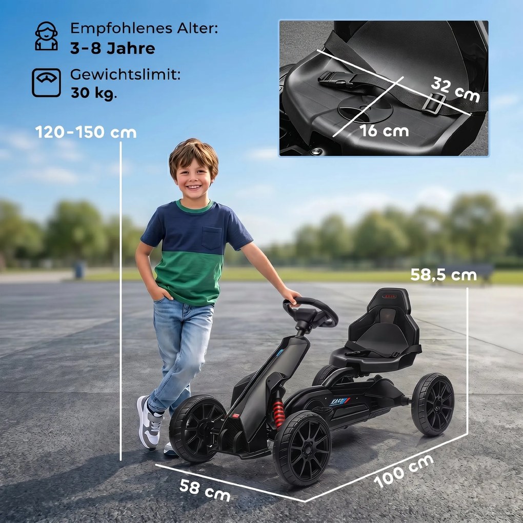 HOMCOM Dětský Go-Kart s Pedály a Ruční Brzdou, Nastavitelným Sedadlem, Přeřazovacím Mechanismem, Dětské Vozidlo s EVA Koly pro Děti ve Věku 3-8 Let