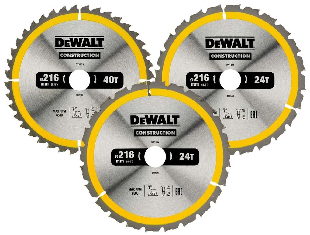 DeWALT - 3dílná sada pilových kotoučů na dřevo 216x30 mm DT1962