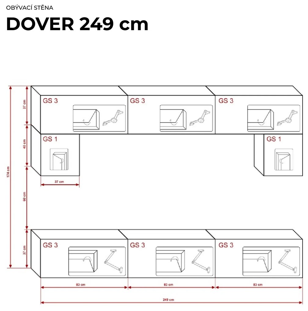 Ral Obývací stěna DOVER 3, 249 cm - Černý lesk