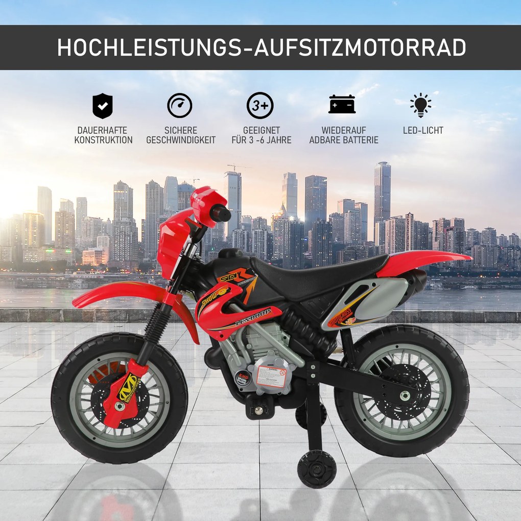 HOMCOM Dobíjecí elektrická motorka pro děti 6V od 3 let s nabíječkou a podpůrnými koly 102x53x66 cm Červená