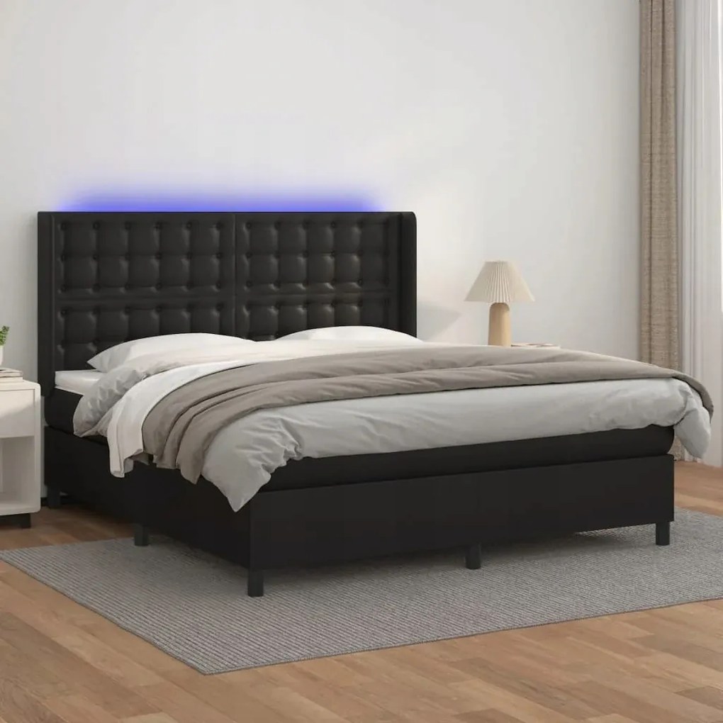 Box Spring Postel S Matrací A Led Černá Umělá Kůže Černá tlačítka 180 x 2