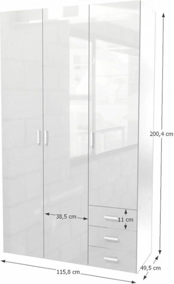 Skříň, 3 - dveřová, bílá extra vysoký lesk HG, GWEN 70427