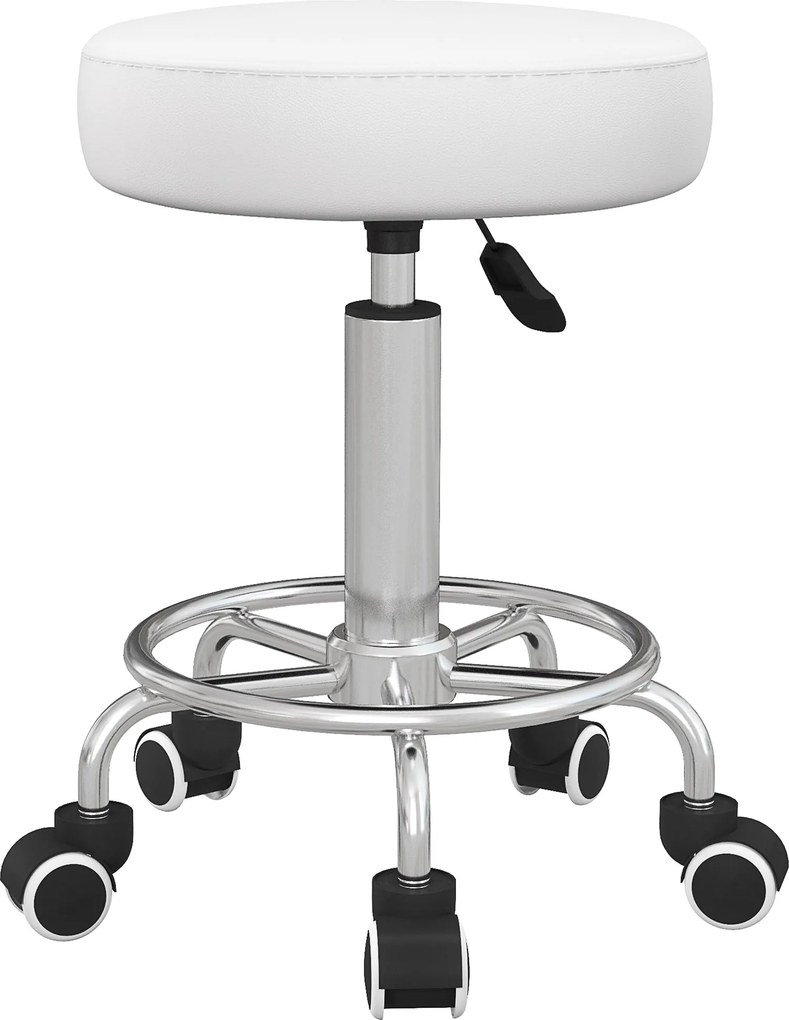 Vinsetto Height-Adjustable Rolling Salon Stool with Foot Ring – White PU Leather, Ø16.5 x 19.7–25.2 in | Aosom