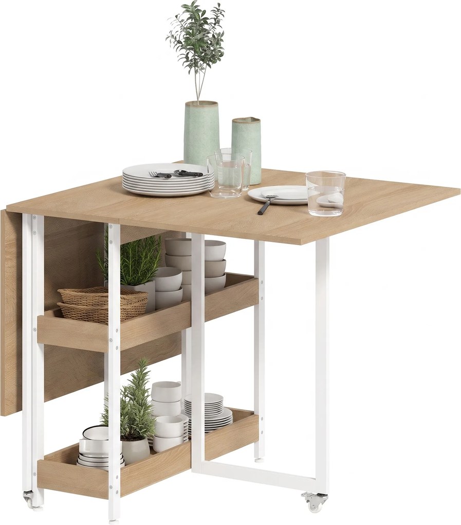 HOMCOM Skládací jídelní stůl v průmyslovém designu, pro až 4 osoby, otevřené police, flexibilní, kov, dřevotříska, přírodní dřevěný vzhled