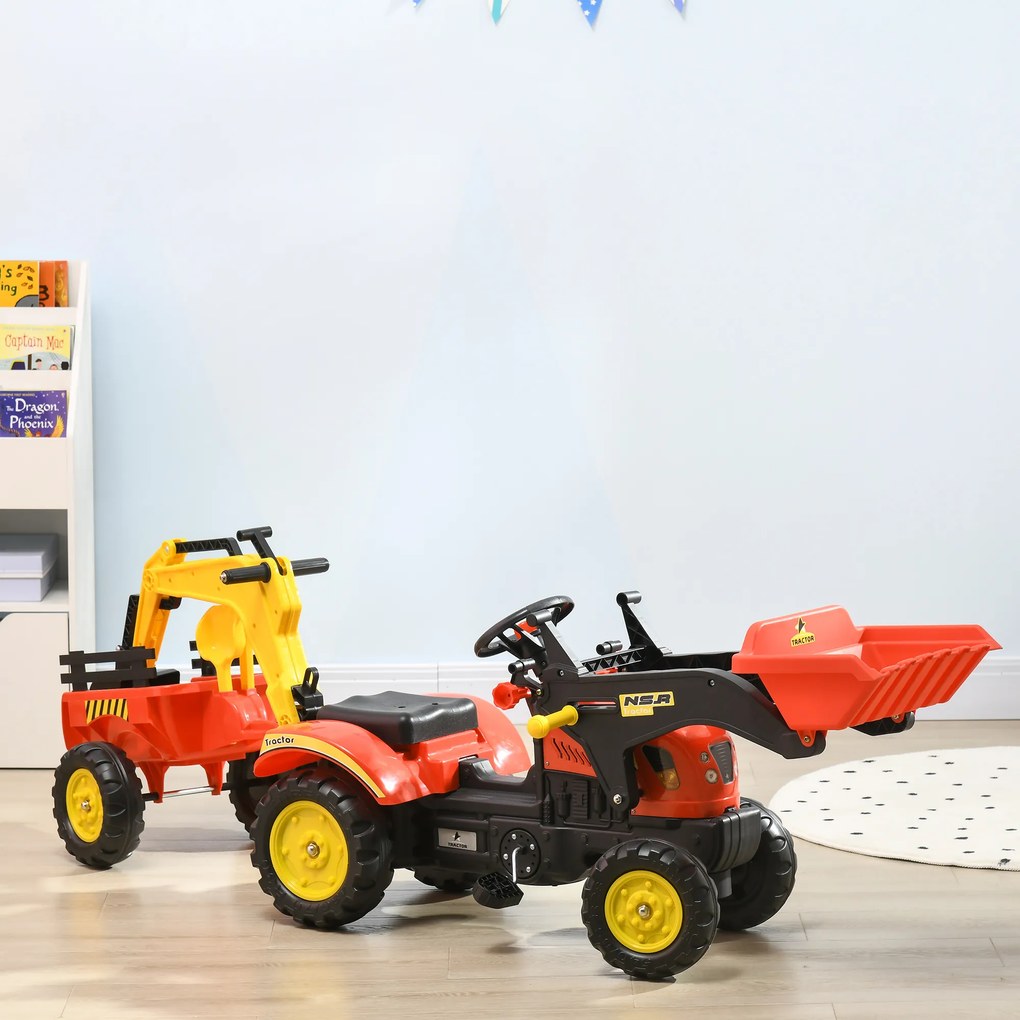 HOMCOM Šlapací traktor s přívěsem a čelním nakladačem, šlapací bagr pro děti od 3 let, červený, 179 x 42 x 59 cm, ideální pro zábavu a hry