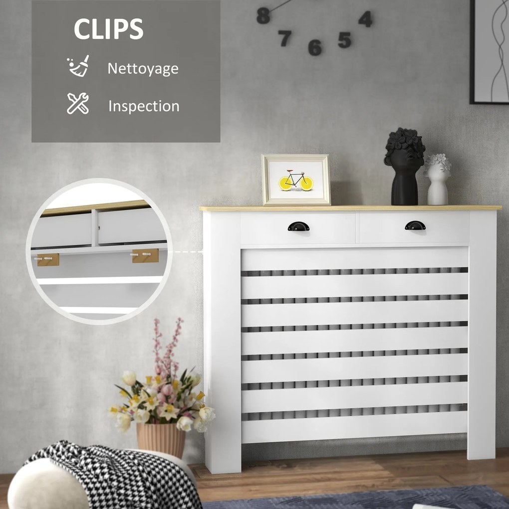 HOMCOM Kryt radiátoru, Stěna radiátoru, Horizontální lamelový rošt, se 2 zásuvkami, pro obývací pokoj, ložnici, chodbu, dřevo, 111 x 19 x 95,5 cm, Bí…