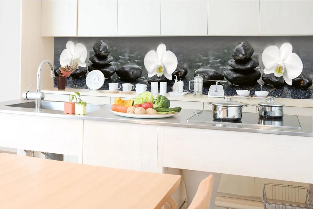 DIMEX | Fototapeta do kuchyně Zen orchidej KI-350-200 | 350 x 60 cm | černá, šedá, bílá