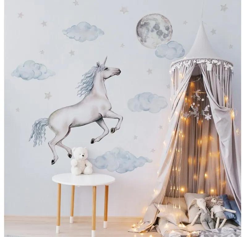 Gario Dětská nálepka na zeď Pastelový jednorožec, obláčky, měsíc a hvězdičky Barva: Modrá