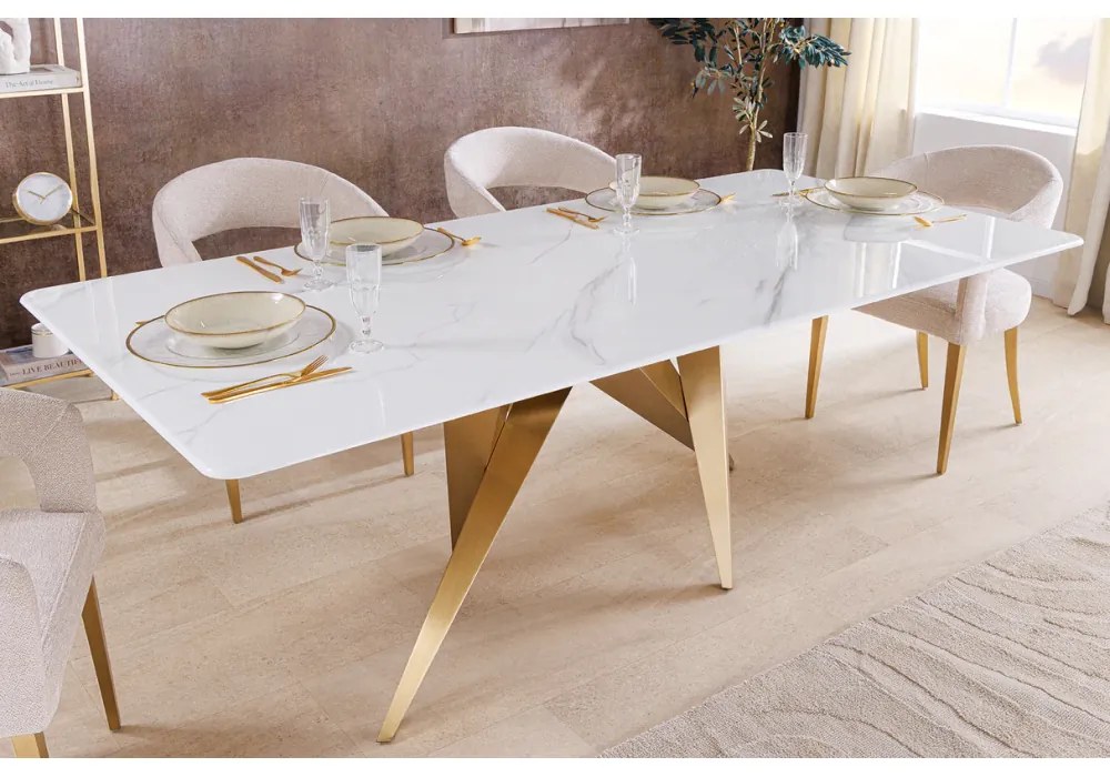 Massive home | Jídelní stůl ART MARBLE 200 cm - keramická deska z bílého mramor/ zlatá/šampaňské