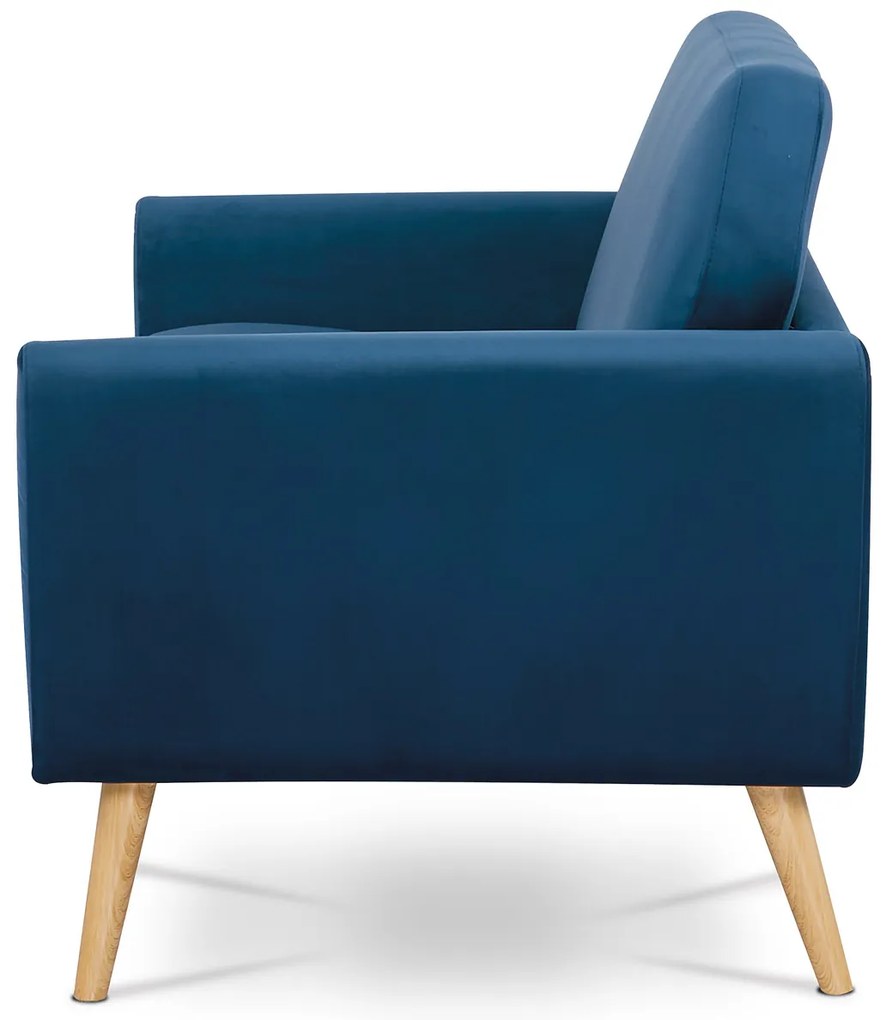 Dvoumístná sedačka, potah modrá sametová matná látka, plastové nohy, dekor buk - ASB-014 BLUE