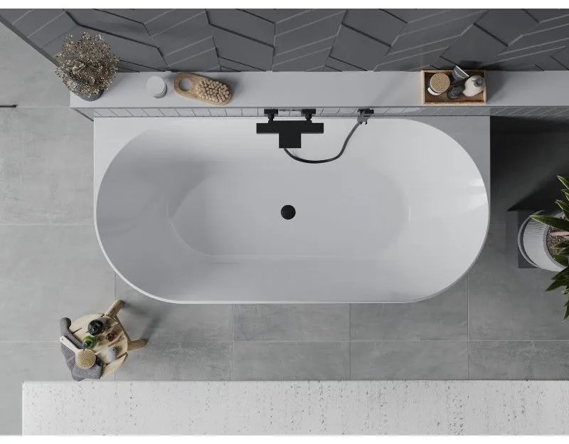 Mexen Oval Slim, volně stojící vana ke stěně 170 x 80 cm, bílá lesklá, černý matný přepad, 52661708000-70