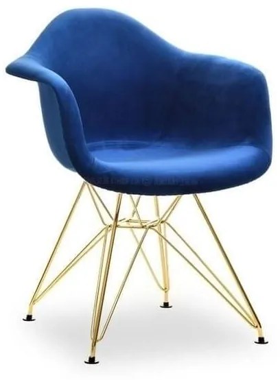 design4life Židle MIRKAS modrý velur s područkami- žlutá kovová podnož