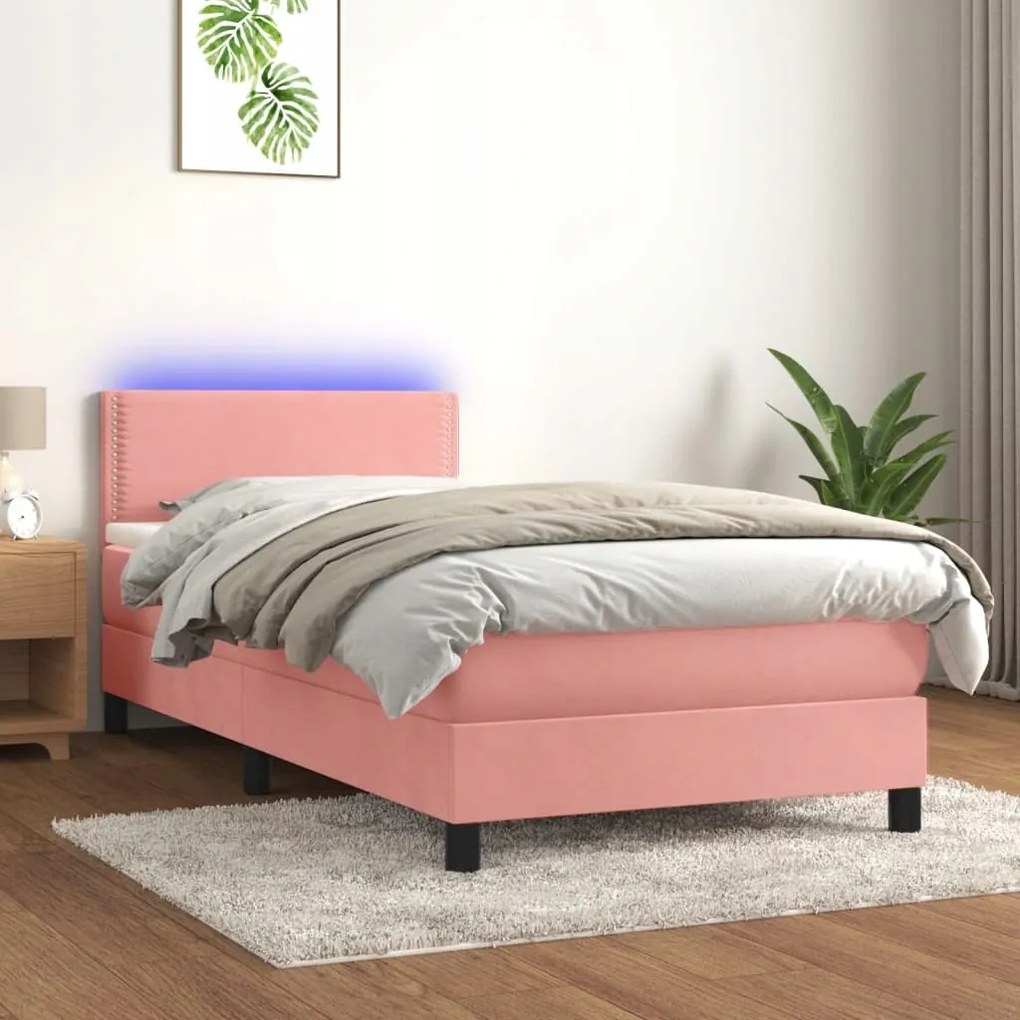 Box Spring Postel S Matrací A Led Samet Růžová Hladké s hřebíky 80 x 200