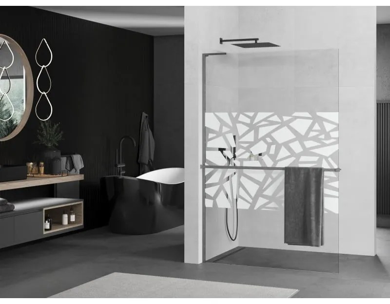 Mexen Kioto+ L, sprchová zástěna Walk-In s poličkou a věšákem 110 x 200 cm, 8mm čiré sklo bílý vzor, grafitový profil, 800-110-123-66-85