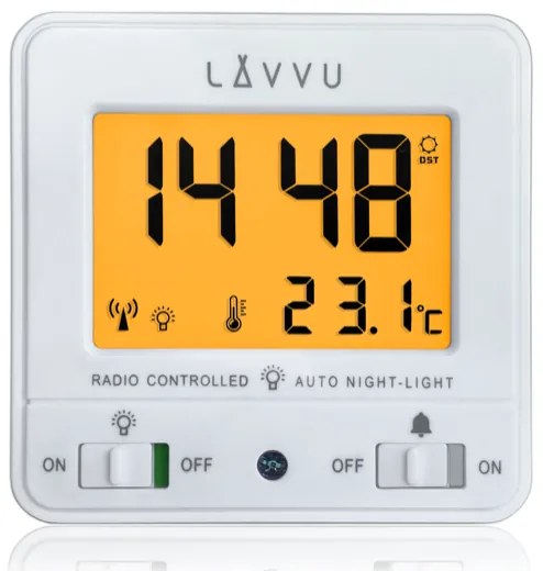 LAVVU Bílý Digitální budík řízený rádiovým signálem NORDLYS bílý se světelným senzorem LAR0040