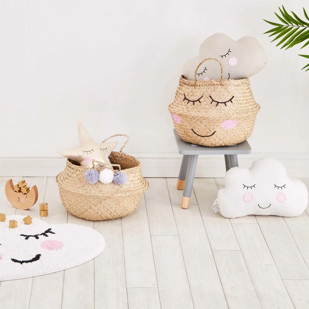 sass & belle Koš Seagrass Grey Pom Pom, šedá barva, bílá barva, přírodní barva, proutí