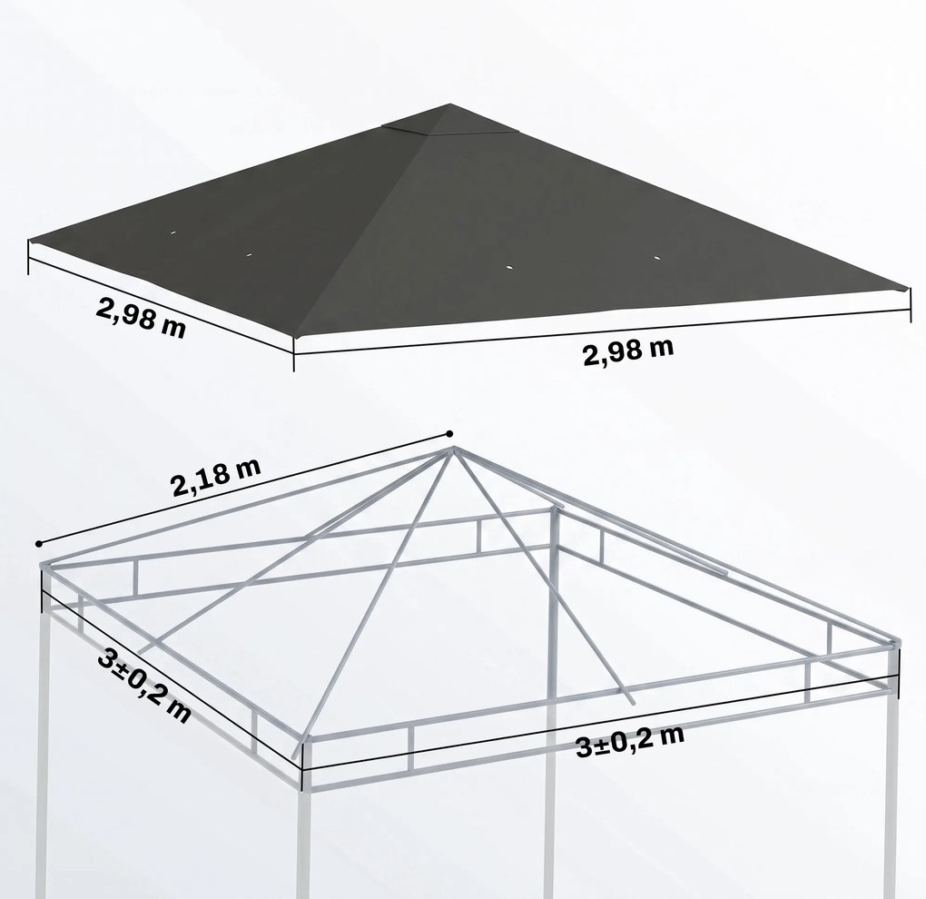 Náhradní střecha pro pavilon 3 x 3 m Vodoodpudivá střecha pavilonu UPF30+ Náhradní potah Oxfordská tkanina, 370 g/m², šedá barva
