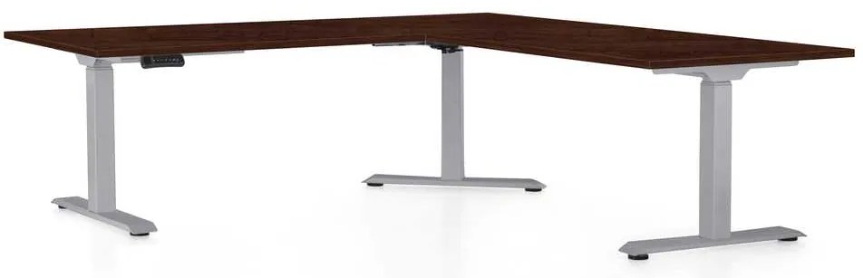 Výškově nastavitelný stůl OfficeTech Angle, 180 x 200 cm, šedá podnož, wenge