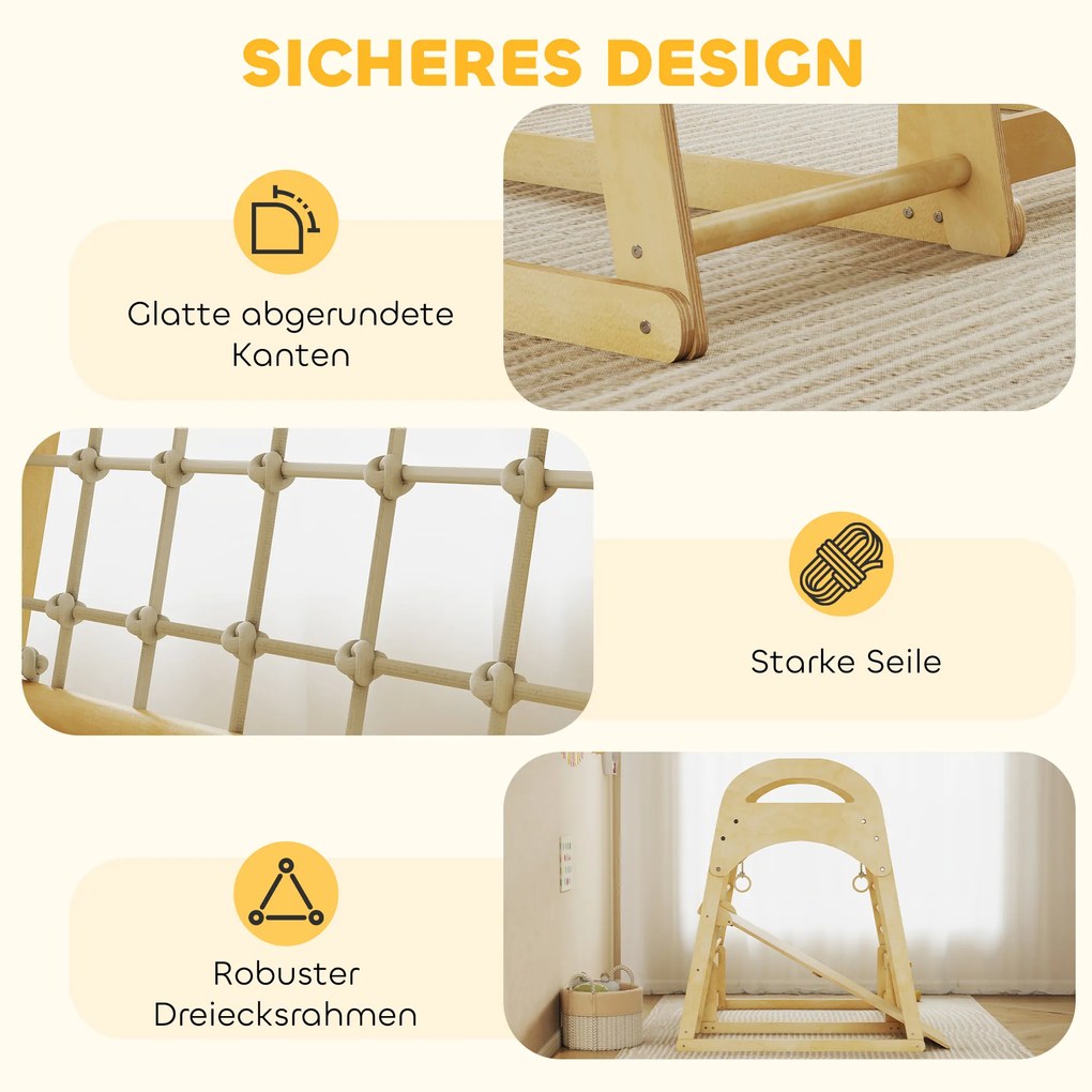 AIYAPLAY Vnitřní horolezecká konstrukce, 6v1 design, skluzavka, lezecké tyče, lezecká stěna, žebřík, lezecká síť, 3-6 let, dřevo