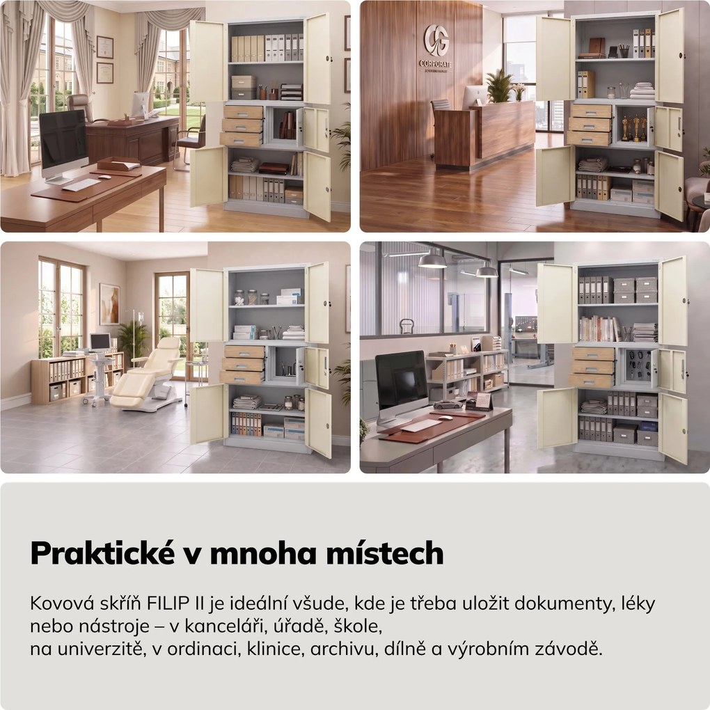 Kovová kancelářská skříň se sejfem bílá, dub sonoma, 900x1850x400 mm: FILIP II Eco Design