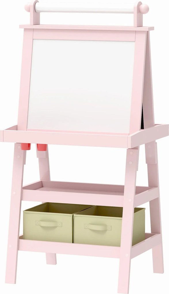 AIYAPLAY Dětský Easel 3 v 1 Dvousečný Magnetický Dětský Malířský Easel s Papírovým Rolem a Úložnými Košíky 59x48x118 cm Růžový | Aosom