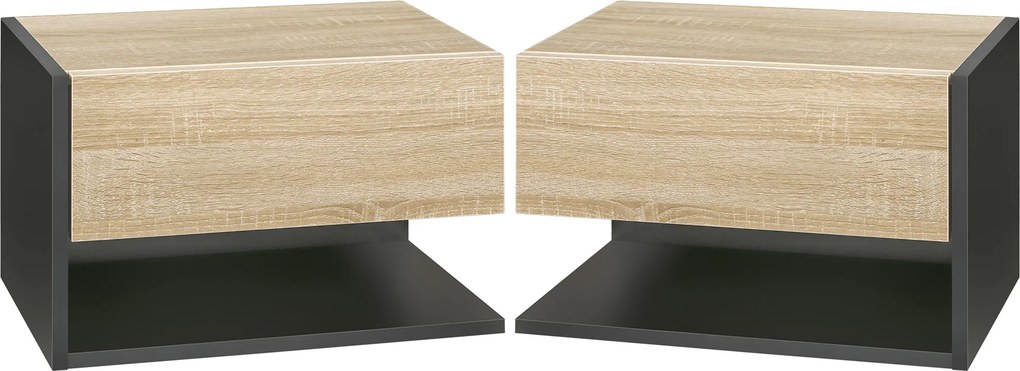 HOMCOM Sada 2 floating nočních stolků se zásuvkou a otevřenou poličkou do ložnice 46x30x30 cm Dub a černá
