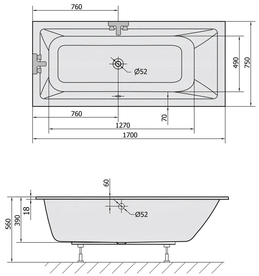 Polysan MIMOA SLIM obdélníková vana 170x75x39cm, bílá 71709S