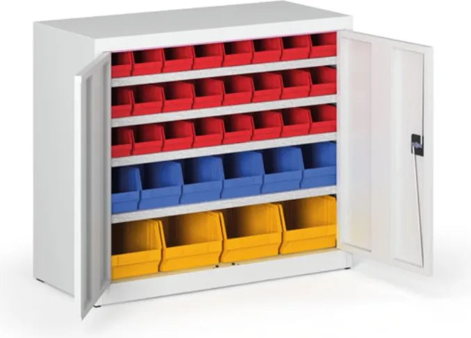 Skříň s plastovými boxy BASIC - 800 x 400 x 920 mm, 24xA, 6x B, 4x C, šedá/šedé dveře