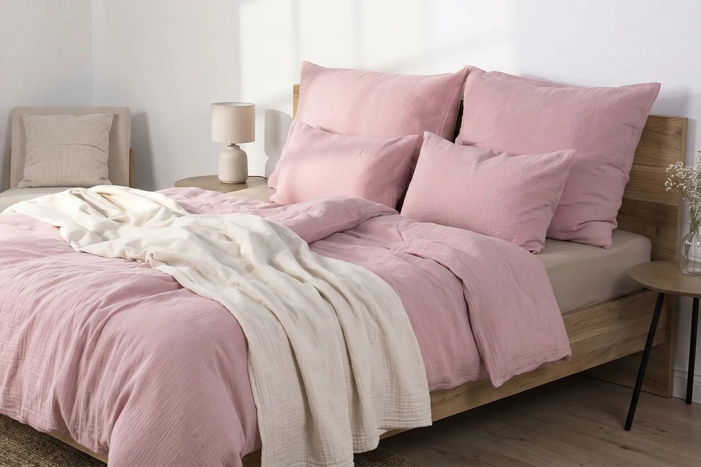 Celoroční mušelínové francouzské povlečení Soft Pink - GOTS Velikost: 220 x 200 + 2 x 70 x 90