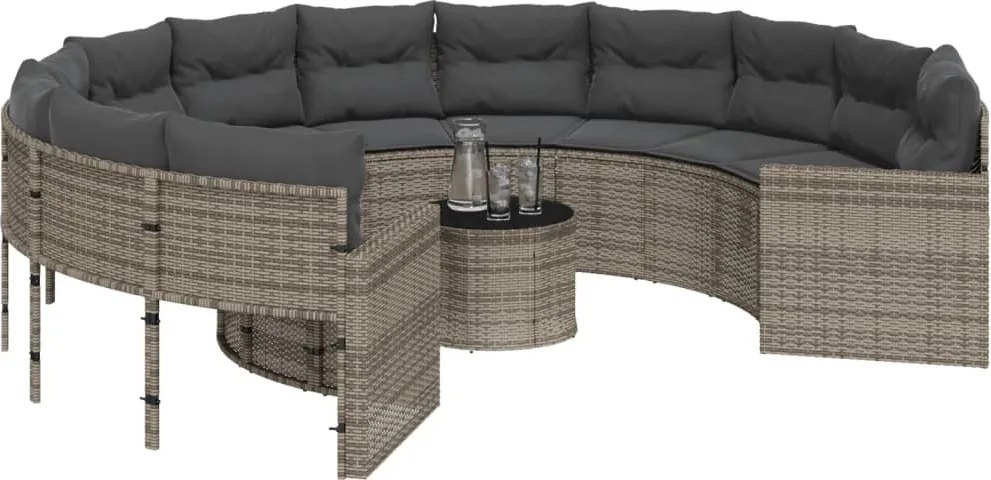 Zahradní pohovka se stolkem a poduškami kulatá šedá polyratan 3318536