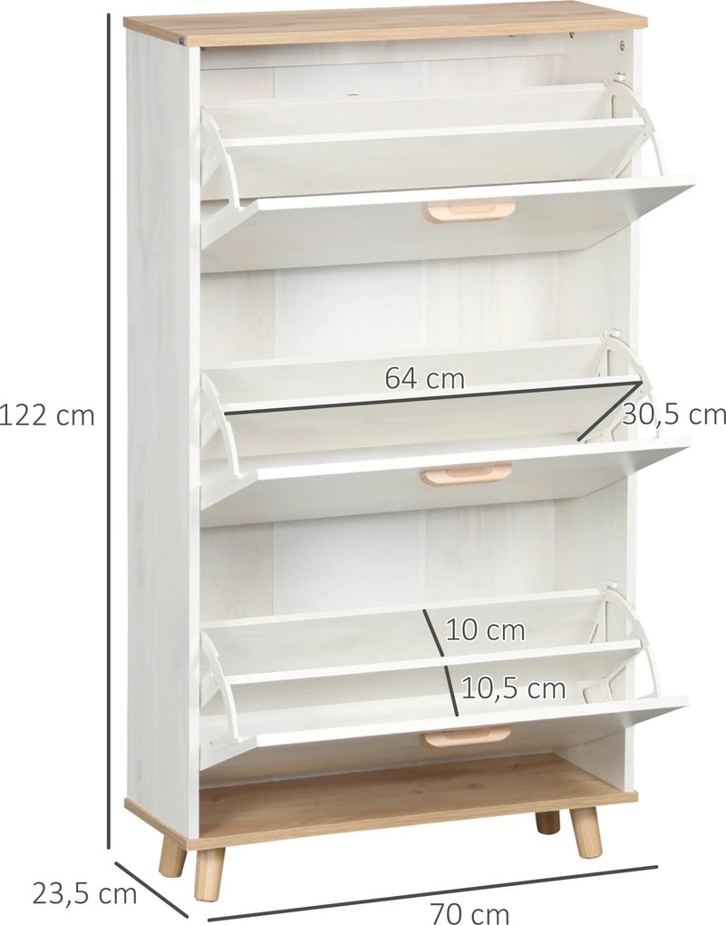 HOMCOM Moderní botník Úzký botníkový regál s 3 skládacími zásuvkami pro 12 párů obuvi a nastavitelnou policí pro předsíň 70x23,5x122 cm Bílý