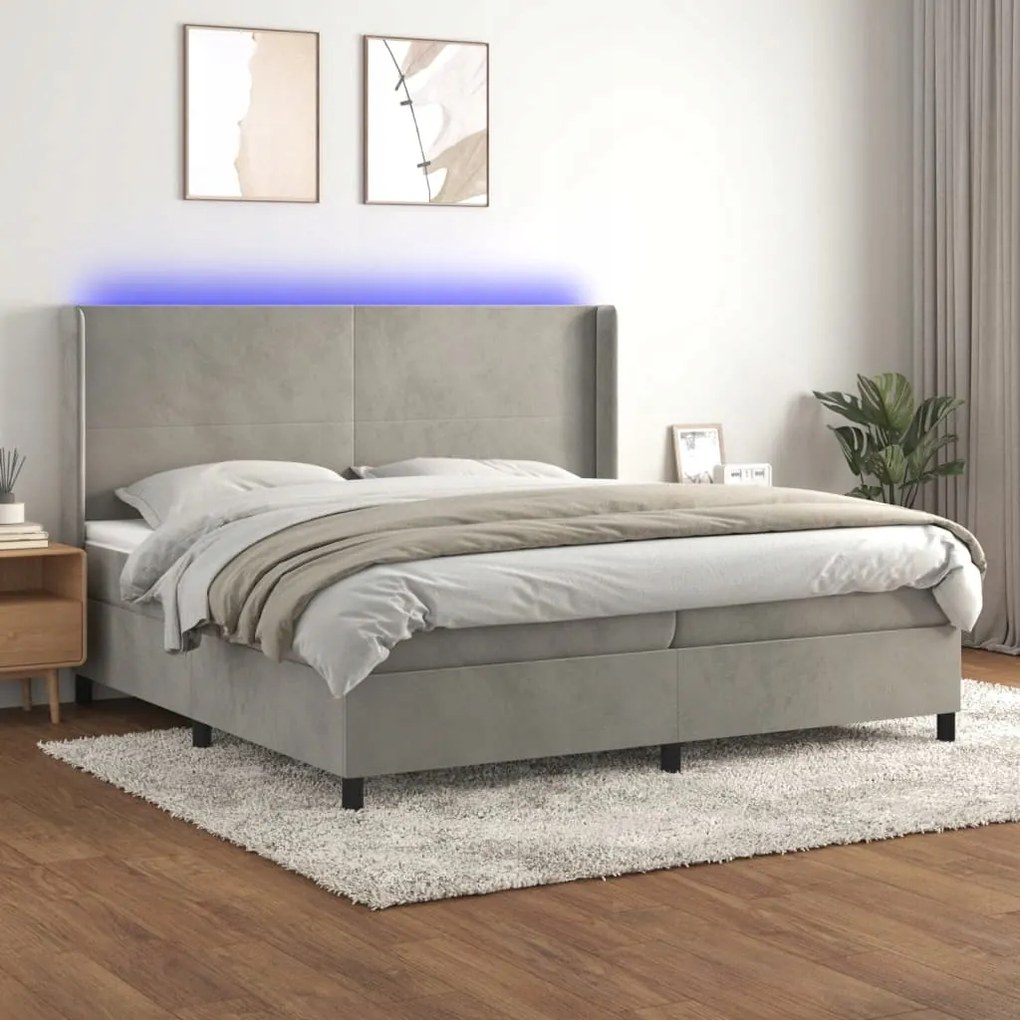 Box Spring Postel S Matrací A Led Samet Světle Šedá Hladký design 200 x 2