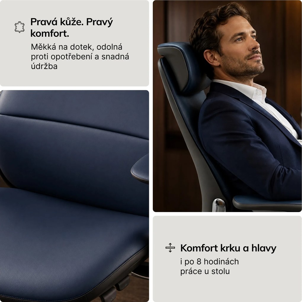 Kožené kancelářské kancelářské křeslo pro ředitele modré: COMMAND
