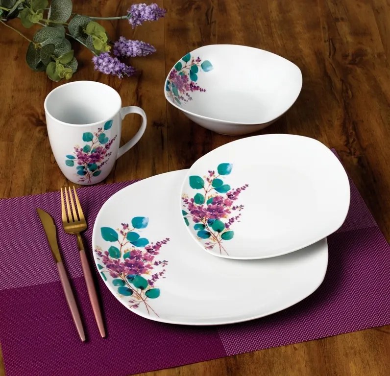 Porcelánová jídelní sada s hrníčkem LEA Lavender 16 ks bílá/fialová