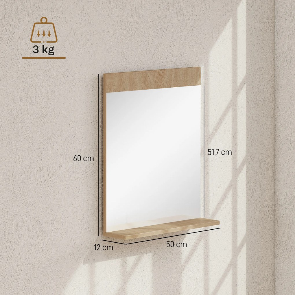 HOMCOM nástěnné koupelnové zrcadlo s otevřenou poličkou, zrcadlo pro předsíň, chodbu 50x12x60 cm, dub