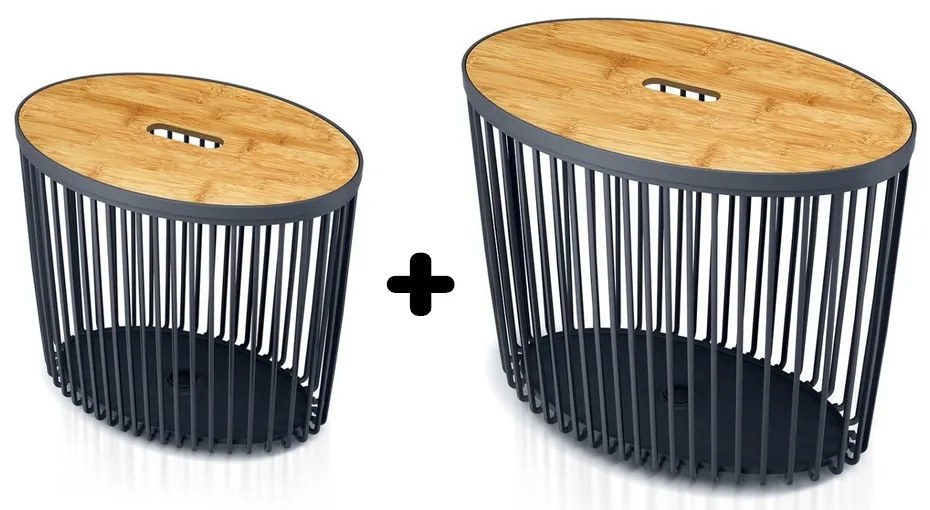 Set 2 univerzálních oválných košů s bambusovým víkem, 30 + 55 l, přírodní dřevo / antracit