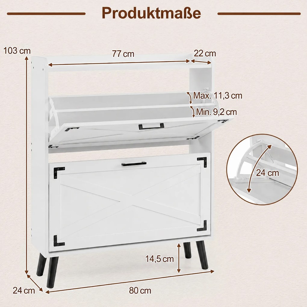 Costway Botník s 2 výklopnými zásuvkami Volně stojící botník – 80 × 24 × 103 cm