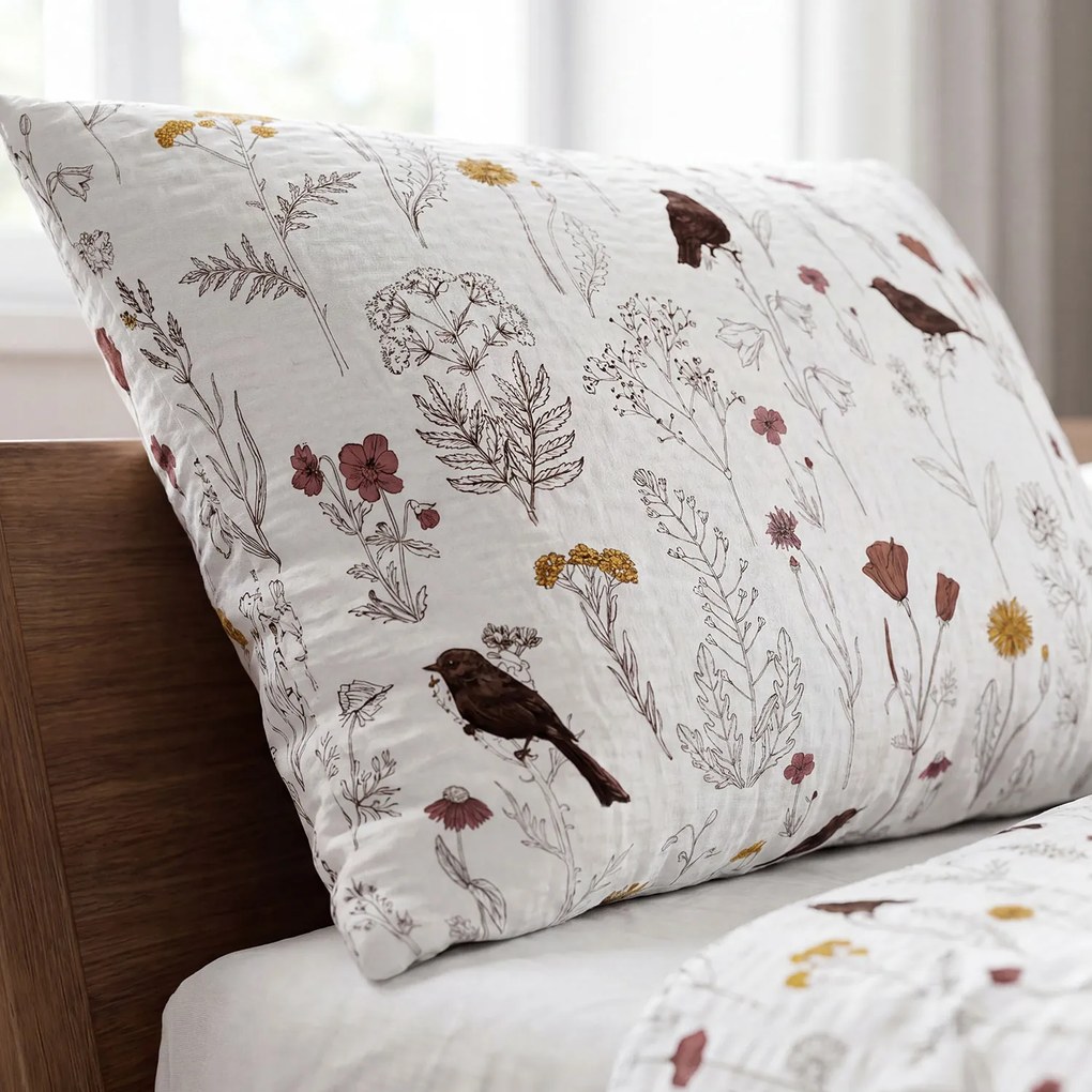 Krepové prodloužené povlečení Ptáčci v kvítí - bílé Velikost: 140 x 220 + 70 x 90