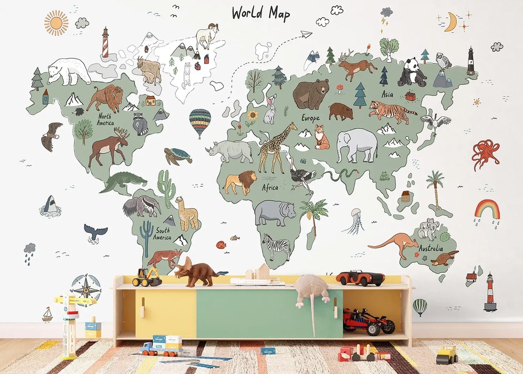Dětská fototapeta na míru Zelenošedá Kreslená Mapa Se Zvířaty | Vliesová fototapeta na zed' | DFTD5P 352451