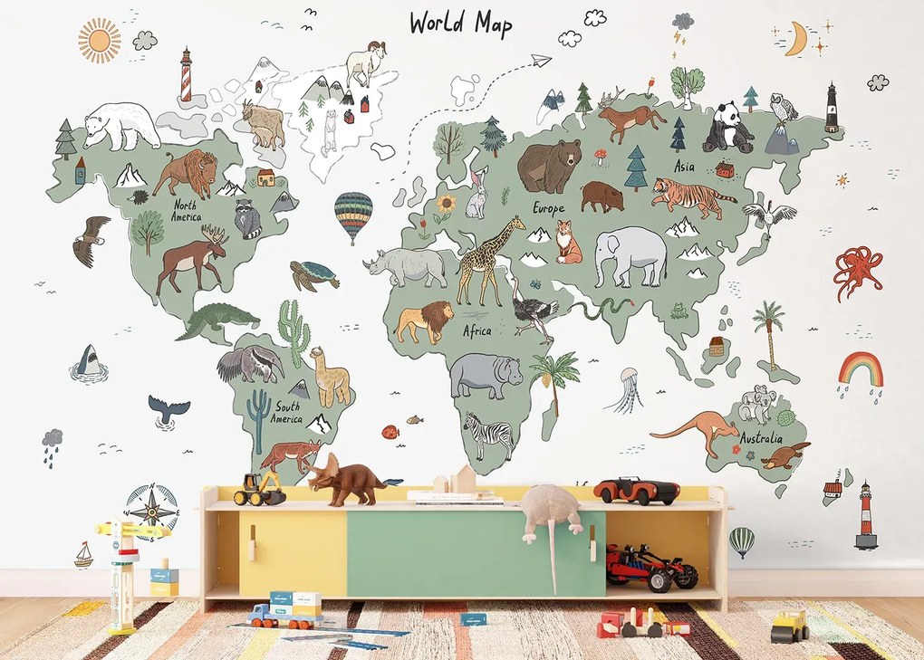 Dětská fototapeta na míru Zelenošedá Kreslená Mapa Se Zvířaty | Vliesová fototapeta na zed' | DFTD5P 352451