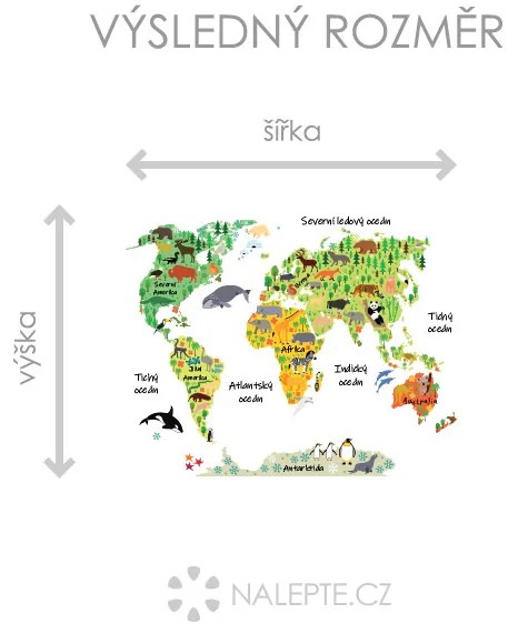Mapa světa se zvířátky textilní přelepitelné samolepky na zeď 75 x 59 cm