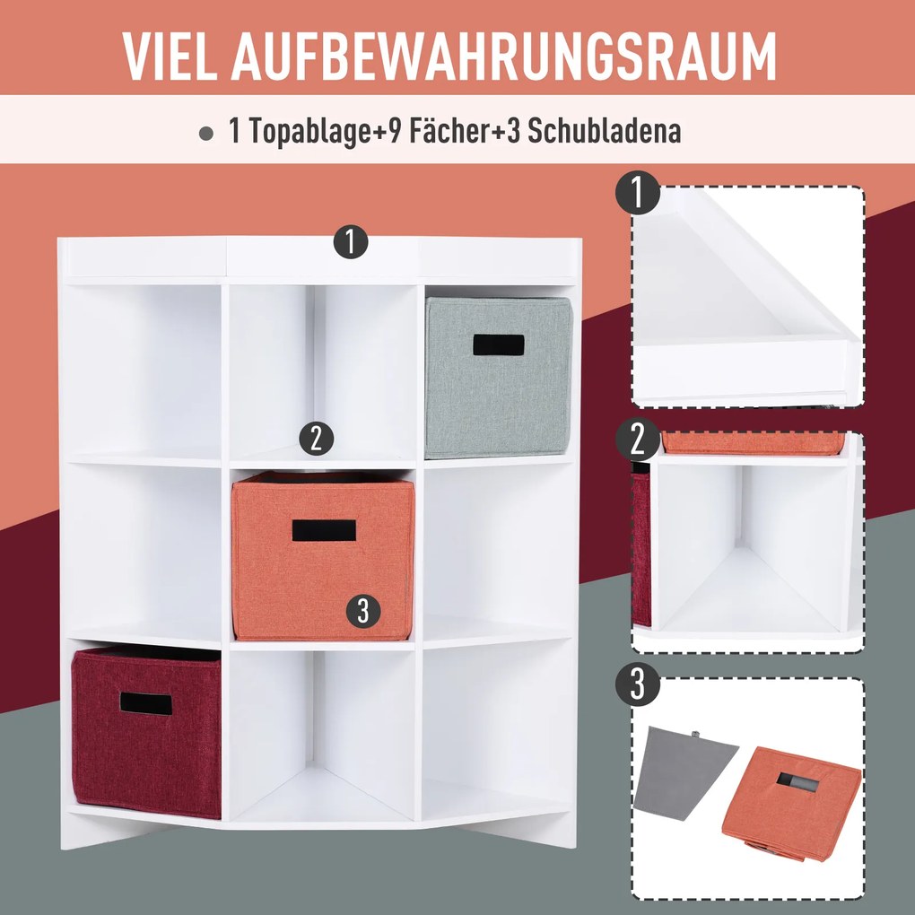 HOMCOM® Rohové regálové policové stojanové regály s 3 zásuvkami, úsporné místo, MDF, bílé