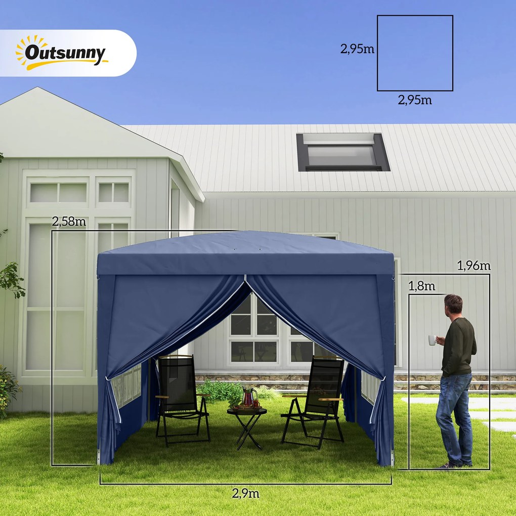 Pavilon Outsunny 3x3m, Voděodolný a Stabilní Zimní Stan s Rychlým Sestavením, UV Ochrana 50+, Skládací Párty Stan s 4 Bočními Stěnami pro Zahradu, Mo…